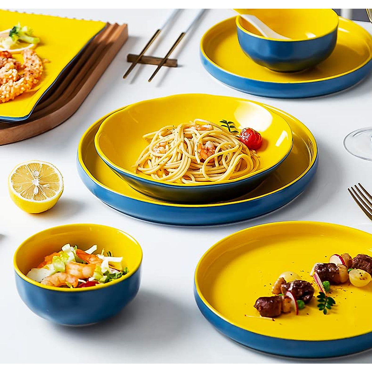 8 Inches Yellow&Blue Series Ceramic Dinner Plates-Set of 2 Kitchenware