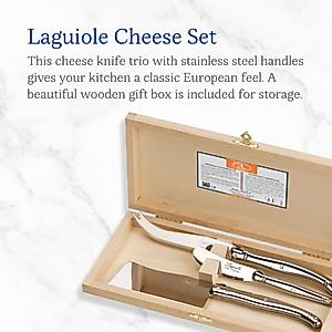 Jean Dubost Laguiole 3-Piece Cheese Knife Set, Stainless Steel Handles - Rust-Resistant Stainless Steel - Includes Wooden Box - Made in France