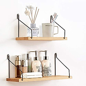 HOMWOO Floating Shelves Set of 2 Oak Solid Wall Shelf Rustic Wall Mounted Shelves for Living Room, Bedroom, Bathroom, Kitchen, Office (Natural)