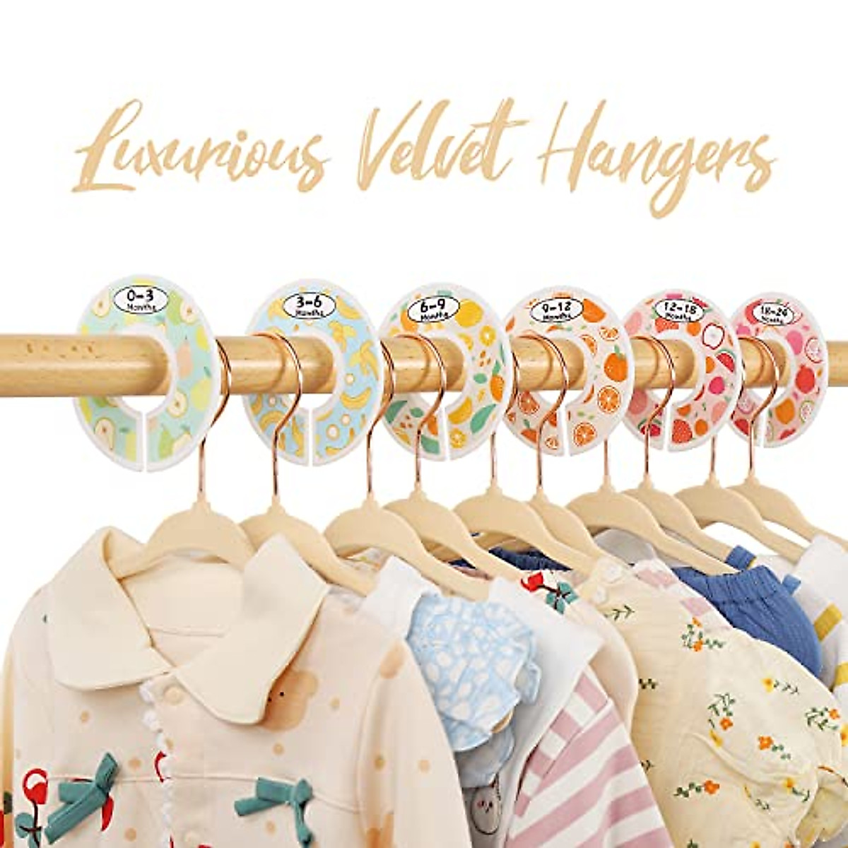 Rose Gold Baby Velvet Hangers 30 Pcs & 6 Closet Organizer Dividers, Non-Slip Kids Hangers, Yellow