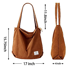 KALIDI Women Corduroy Tote Bag Large Shoulder Bag with Zipper Pockets Big Capacity Casual Handbags Shopping Bag for Girls, Brown