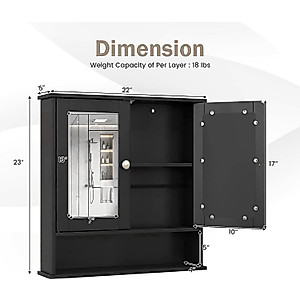 COSTWAY Bathroom Cabinet Wall Mounted - Over The Toilet Wall Storage Cabinet with 2 Mirror Doors and Adjustable Shelf, Hanging Medicine Cabinet for Bathroom, Living Room, Kitchen (Black)