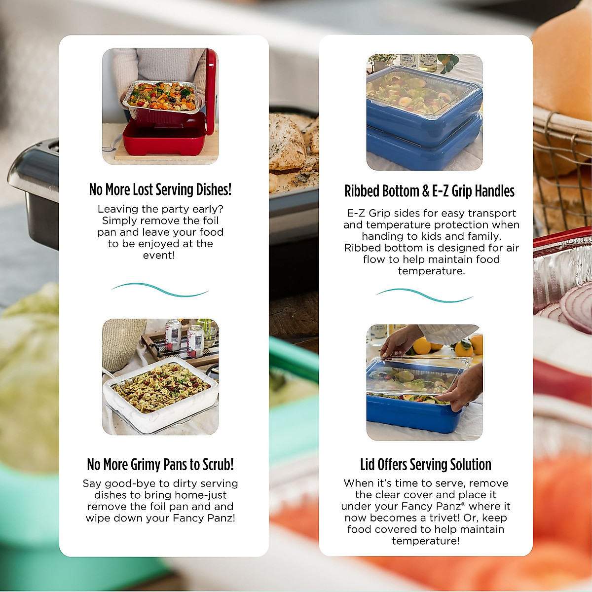 Fancy Panz Classic, Food Serving Tray, Made in the USA Foil Pan Carrier, Stackable Aluminum Pan Holders with Clear Lid, Travel Casserole Carrier With 1 Disposable Foil Pan & Serving Spoon, Denim Blue