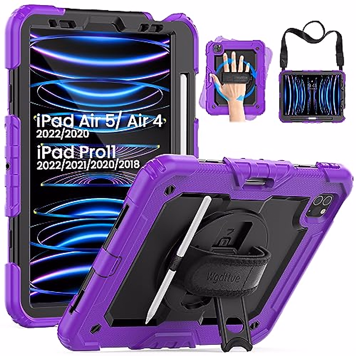 Wgdttve iPad Air 5th Generation Case 10.9 Inch 2022 / iPad Air 4th Case 10.9 Inch 2020 / iPad Pro 11 Inch Case with Pencil Holder, Screen Protector, 360°Rotating Stand, Handle, Shoulder Strap (Purple)
