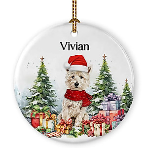 Dog Christmas Ornaments Personalized West Highland White Terrier Round Shaped Ceramic 3 Inch Present for Pet Lover Family Friends Custom Dogs with Santa Hat Decor Xmas Tree Home Party Pendant Gift
