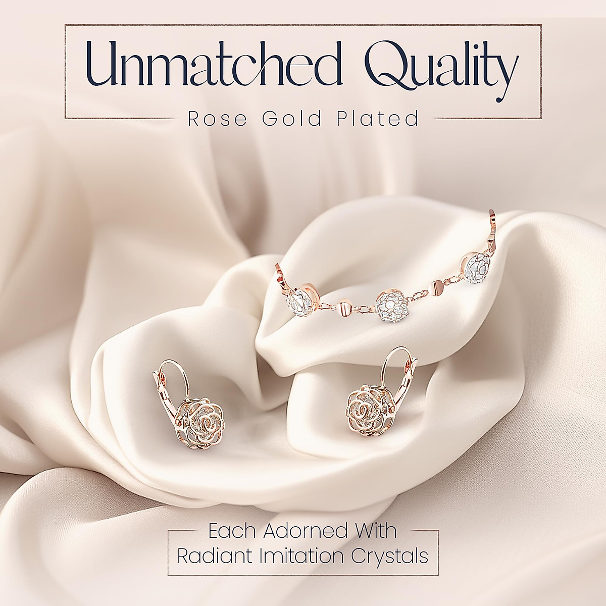 Crystalline Azuria Women 18K Rose Gold Plated White Crystal Roses Flower Set Necklace Earrings Bracelet for Women Wedding Party Bridal Bridesmaid Accessories