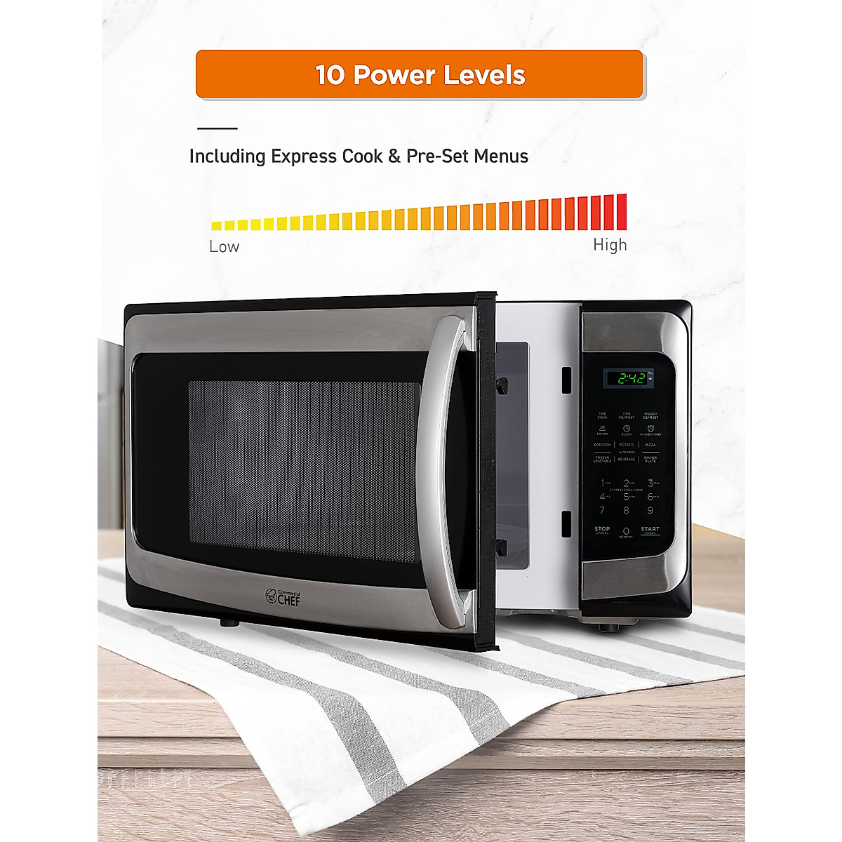 COMMERCIAL CHEF 1.1 Cu Ft Microwave with 10 Power Levels, Microwave 1000W with Push Button Door Lock, Countertop Microwave with Microwave Turntable and Digital Controls, Stainless Steel