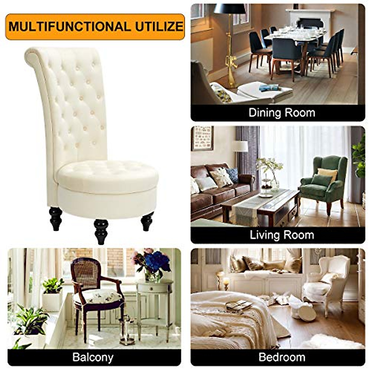 AVAWING Throne Royal Chair Set of 1 for Living Room, Button-Tufted Accent Armless High Back Chair with 24.6 Inch Larger Seat, Thick Padding and Rubberwood Legs, Cream White
