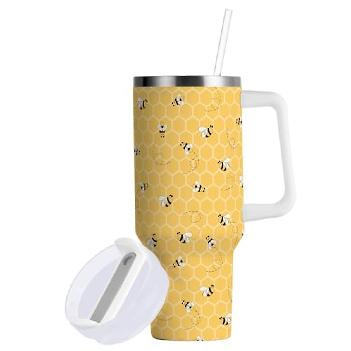 Slewiaeky Tumbler with Handle 40 oz Bees Honey Yellow Travel Mug with Lid and Straw Stainless Steel Vacuum Insulated Water Bottle Cup for Iced Tea Coffee Cold Beverages Cup Holder Friendly