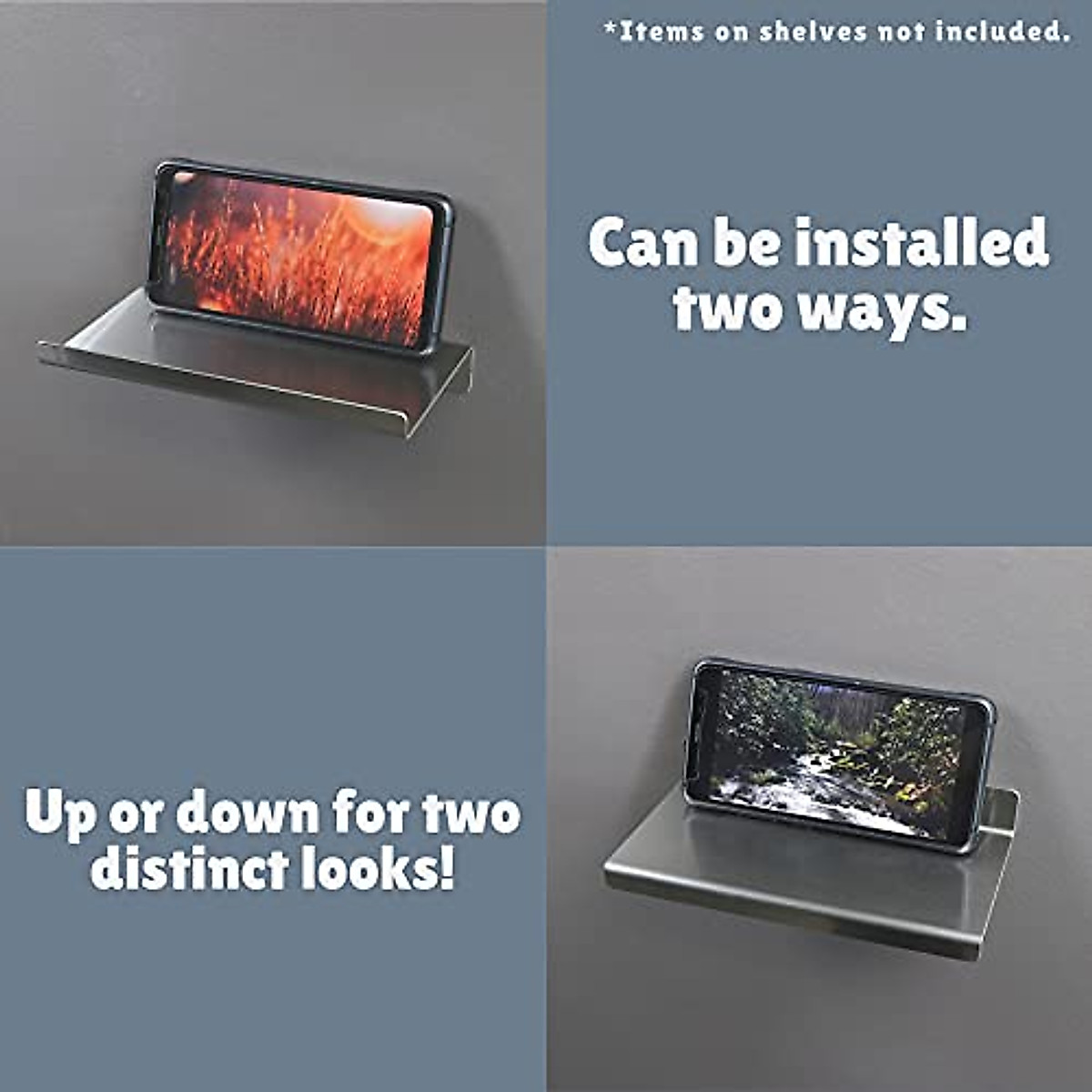 Deco Gables Designs Modern Brushed Stainless Steel Bathroom Toilet Phone Shelf Floating Wall Holder Hanging Decor Durable Polished Solid Polished Metal Ledge with Mounting Hardware