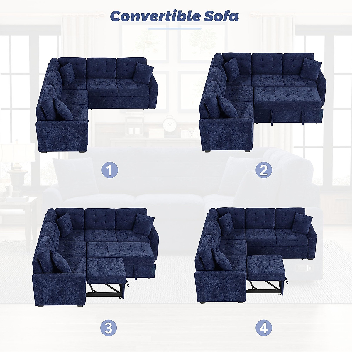 Pull Out Couch Sectional Sleeper Sofa Couch with Pull Out Bed Convertible Sofa Bed with USB Ports and Power Sockets L Shaped Couch for Living Room, Navy Blue