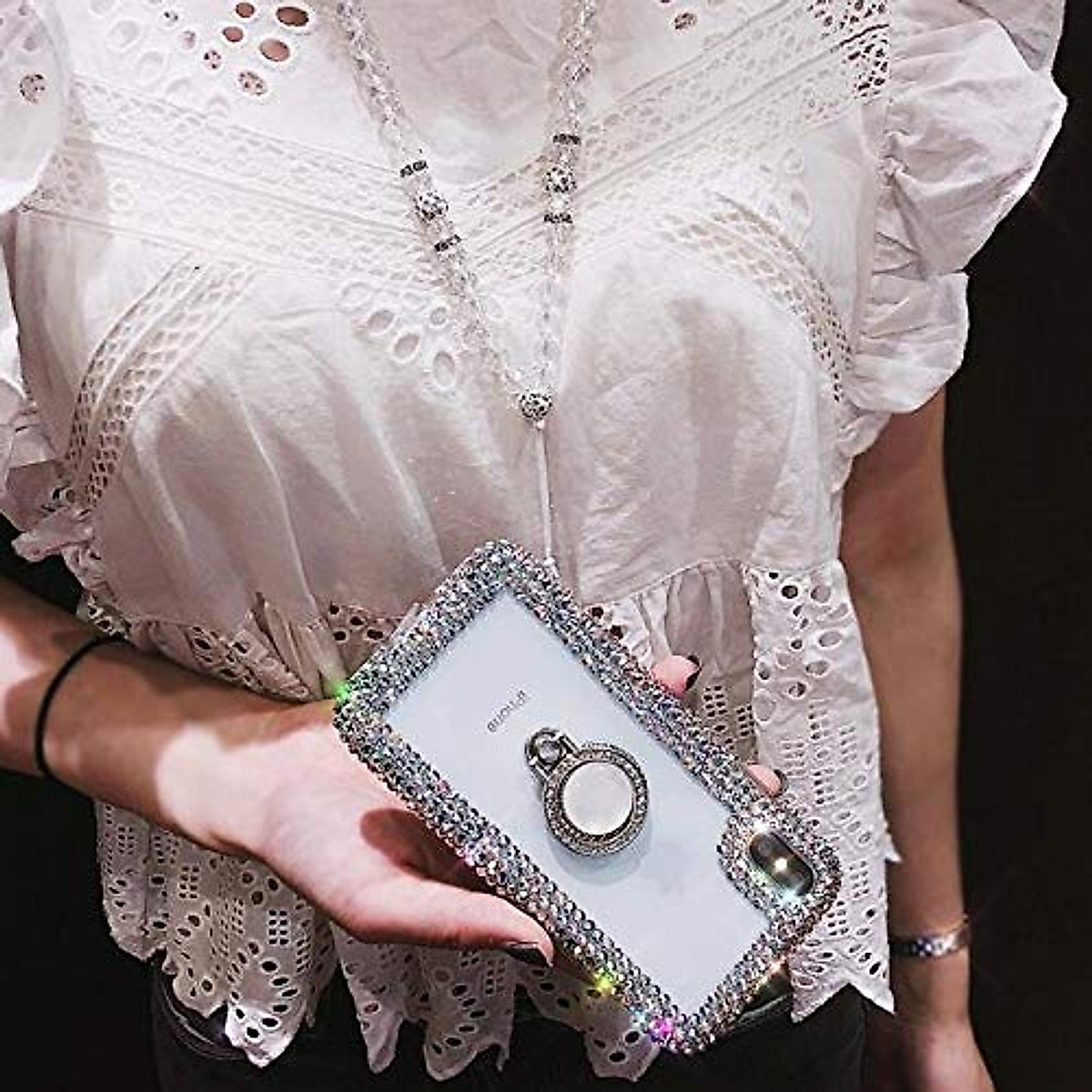 HFICY Sparkly Phone Case with Glass Screen Protector and Crystals Lanyard,Full Bling Diamonds Crystals Soft Protective Cover for Girls Women (Ring holder,for Samsung Galaxy A40)