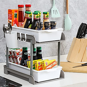 2 Tier Slide Out Under Sink Organizers and Storage with Removable Dividers - Undersink Cabinet Drawers for Bathroom, Kithcen Cleaning and Organization - Multiuse Home Pull Out Organizing Tray, 1 Set