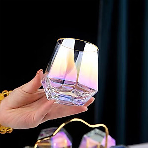 XKXKKE Diamond Wine Glass Set of 2, 10 OZ Modern Stemless Gold Rim Glass Cups Drinking Glassware for Serving Party,Home,Bar, Restaurants Colorful 2 Pack