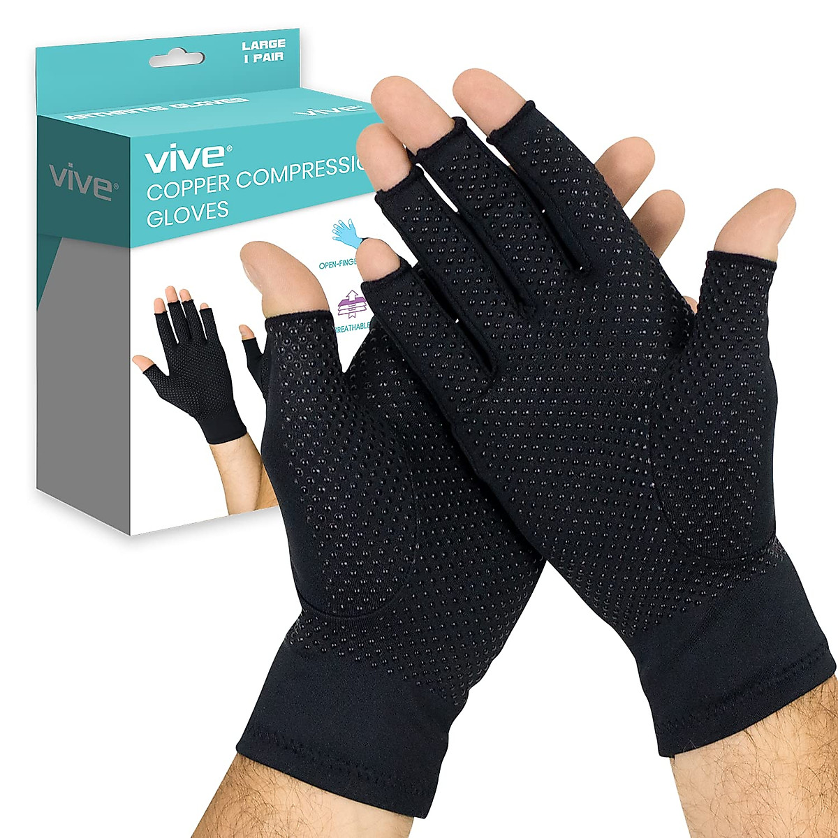 Vive Fingerless Arthritis Gloves for Men & Women Made w/Copper Infused Fabric - Therapeutic Compression for Swelling, Carpal Tunnel, Tendonitis, Edema, & Finger Pain - Comfortable Non-Slip (Medium)