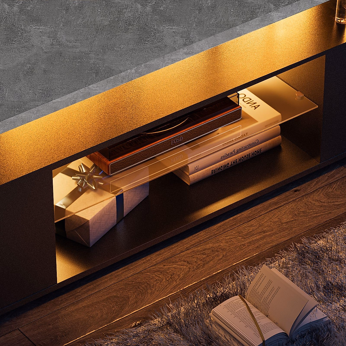 Cubehom Grey TV Stand 65 inch,LED TV Stand,Glass Entertainment Center TV Stand, TV Console Tables for Living Room,Bedroom,Home Office