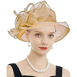 RZTA Women's Kentucky Derby Church Dress Hat Wide Brim Leaf Flower Bridal Shower Hat B Beige