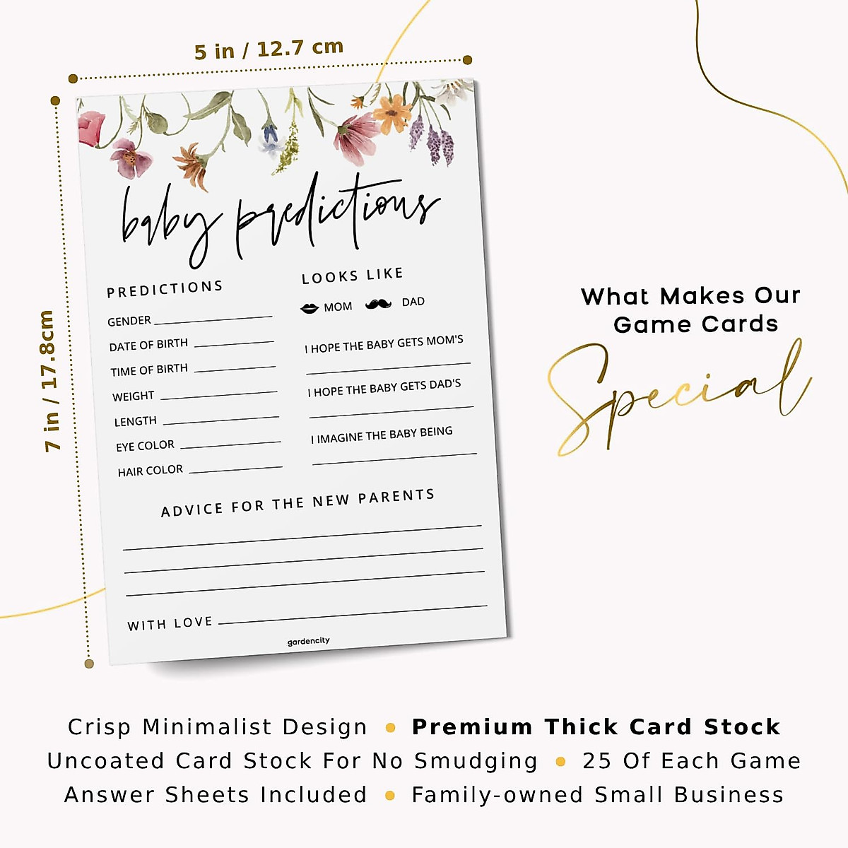 GardenCity Baby Shower Games Set for 25 Guests - 4 Fun Activities, Baby in Bloom/Floral Theme, 50 Double-Sided Cards (Wildflower)