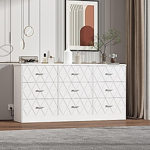 GarveeHome 9 Drawer White Dresser for Bedroom with Power Outlet, 63'' Wooden Large Dresser with Wide Drawer, Modern Chest of Drawers for Closet, Storage Organizer Long Dresser for Hallway, Living Room