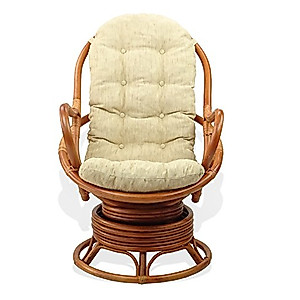 Lounge Swivel Rocking Java Chair Natural Handmade Rattan Wicker with Cream Cushion, Cognac