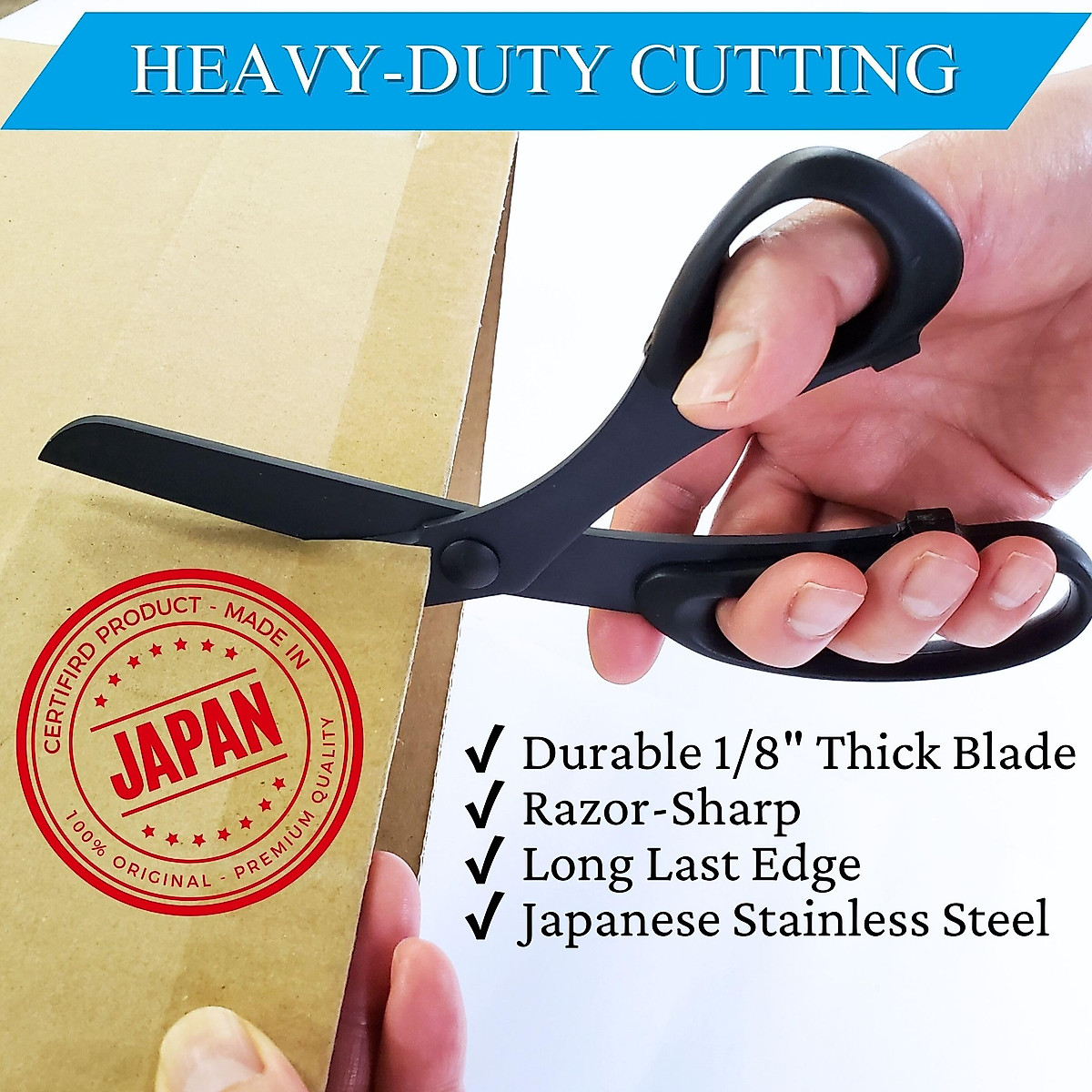 ALLEX Cardboard Scissors Heavy Duty [Non-Stick] 8" Large Craft Scissors, Japanese Stainless Steel Blade, Black, Made in JAPAN