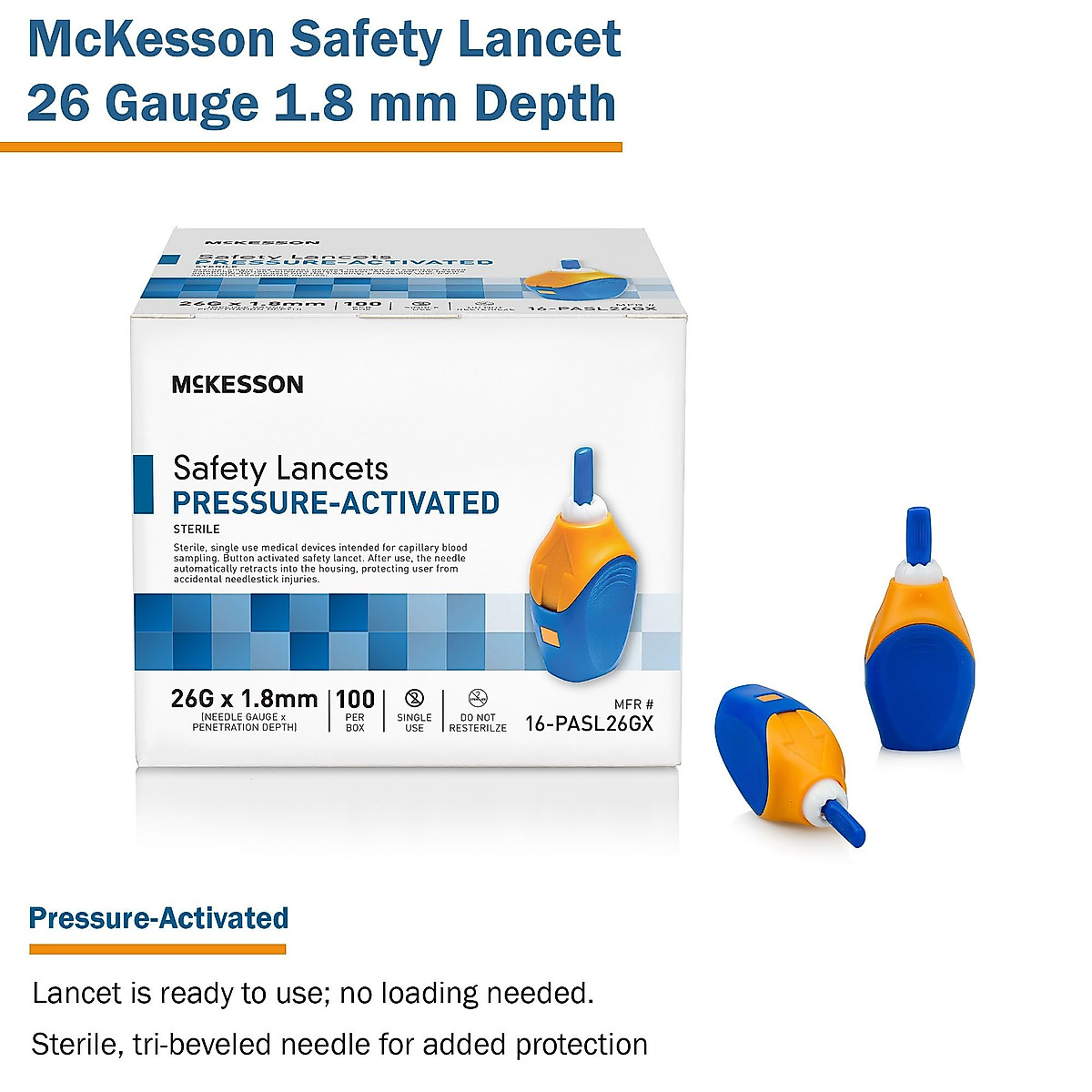 McKesson Safety Lancet, Retractable, Pressure-Activated Finger Device, Sterile - Ideal for Blood Testing - Single Use, 26 Gauge, 1.8mm Depth, 100 Count, 1 Pack