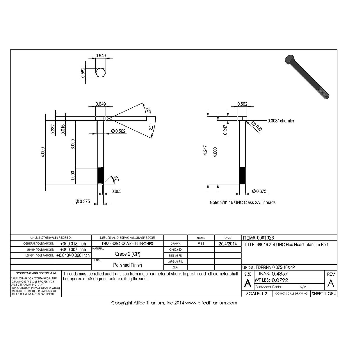 Allied Titanium 0001026, (Pack of 3) 3/8-16 X 4 UNC Titanium Hex Head Bolt, Grade 2 (CP)