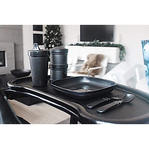 Re-Play Made in USA Toddler Dinnerware Set - 10 oz. Open Cup, 7" Flat Plate, 12 Oz. Bowl, Rounded Tip Fork and Deep Scoop Spoon - Dishwasher/Microwave Safe Plastic Dinnerware Set - Black