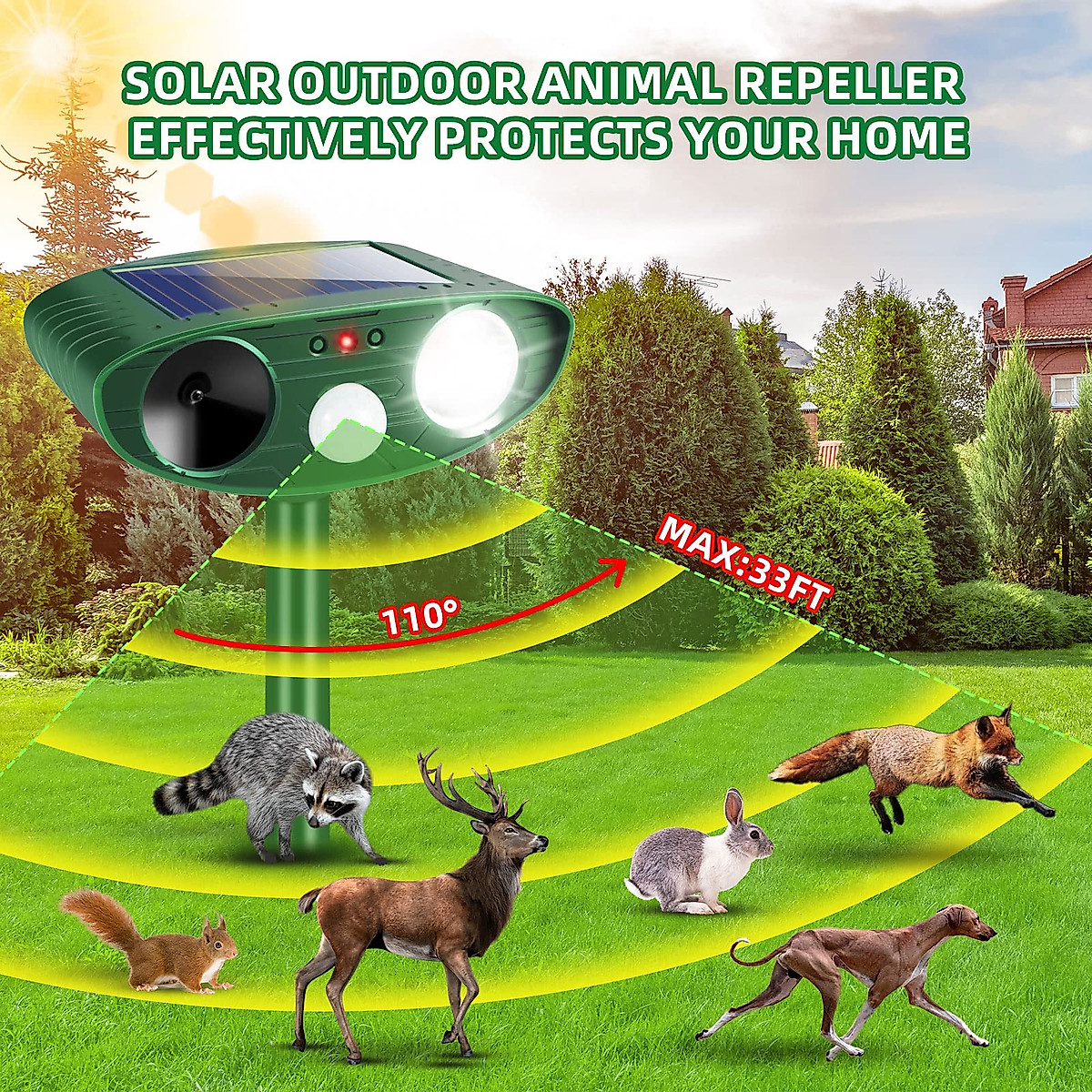 2 Pack Upgraded Ultrasonic Animal Repeller Outdoor,Solar Animal Repeller with Motion Sensor & Deterrent Light to Scare Raccoon Cat Rabbit Squirrel Skunk Dog Deer Repellent Devices for Yard Protection