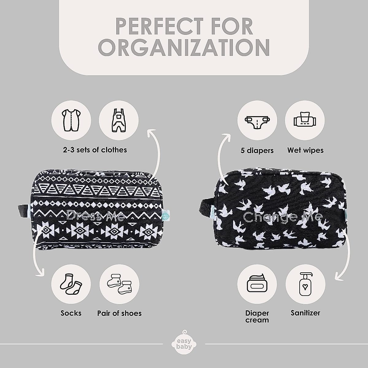 Easy Baby - Diaper, Bottle, and Supplies - Organizer Pouches - Change, Feed, and Dress Me (4 Pack Brooklyn) | Organizing Packing Tote Cubes for Baby Items | Good for Travel and Keeping Organized