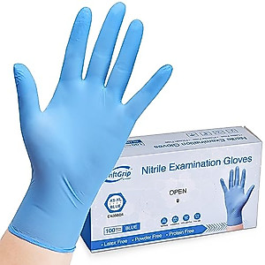 SwiftGrip Disposable Nitrile Exam Gloves, 3-mil, Blue, Nitrile Gloves Disposable Latex Free, Medical Gloves, Cleaning Gloves, Food-Safe Rubber Gloves, Powder Free, Non-Sterile, 100-ct Box (Medium)
