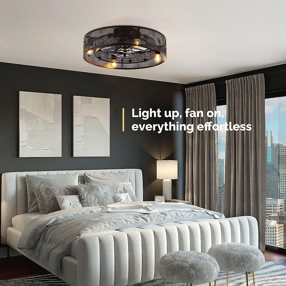 Orison 20 Inch Caged Ceiling Fan with Light, Black, 6 Speeds, Timer, Reversible Motor, Industrial Low Profile Ceiling Fan for Living Room, Bedroom, Kitchen