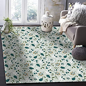Area Rugs for Living Room, White Flowers Green Background Modern Indoor Anti-Fading Doormat Entryway Mat Door Mat for Hallway, Kitchen, Bedroom, Area Carpet Decor 2'7"x5'