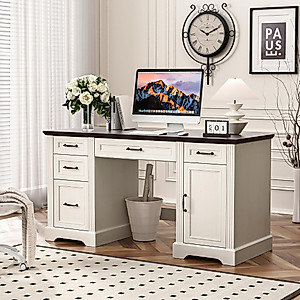 Spurgehom 58-Inch Executive Desk, Farmhouse Computer Desk with Drawers and Storage Cabinet, Wooden Home Office Desk Workstation, Study Writing Table, White&Black