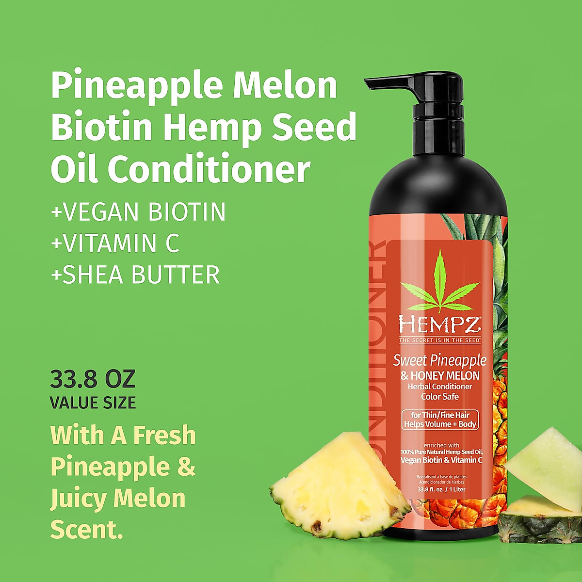 Hempz Biotin Conditioner - Sweet Pineapple & Honey Melon - For Thin/Fine Hair Growth & Strengthening of Dry, Damaged and Color Treated Hair, Hydrating, Softening, Moisturizing - 33.8 Fl OZ