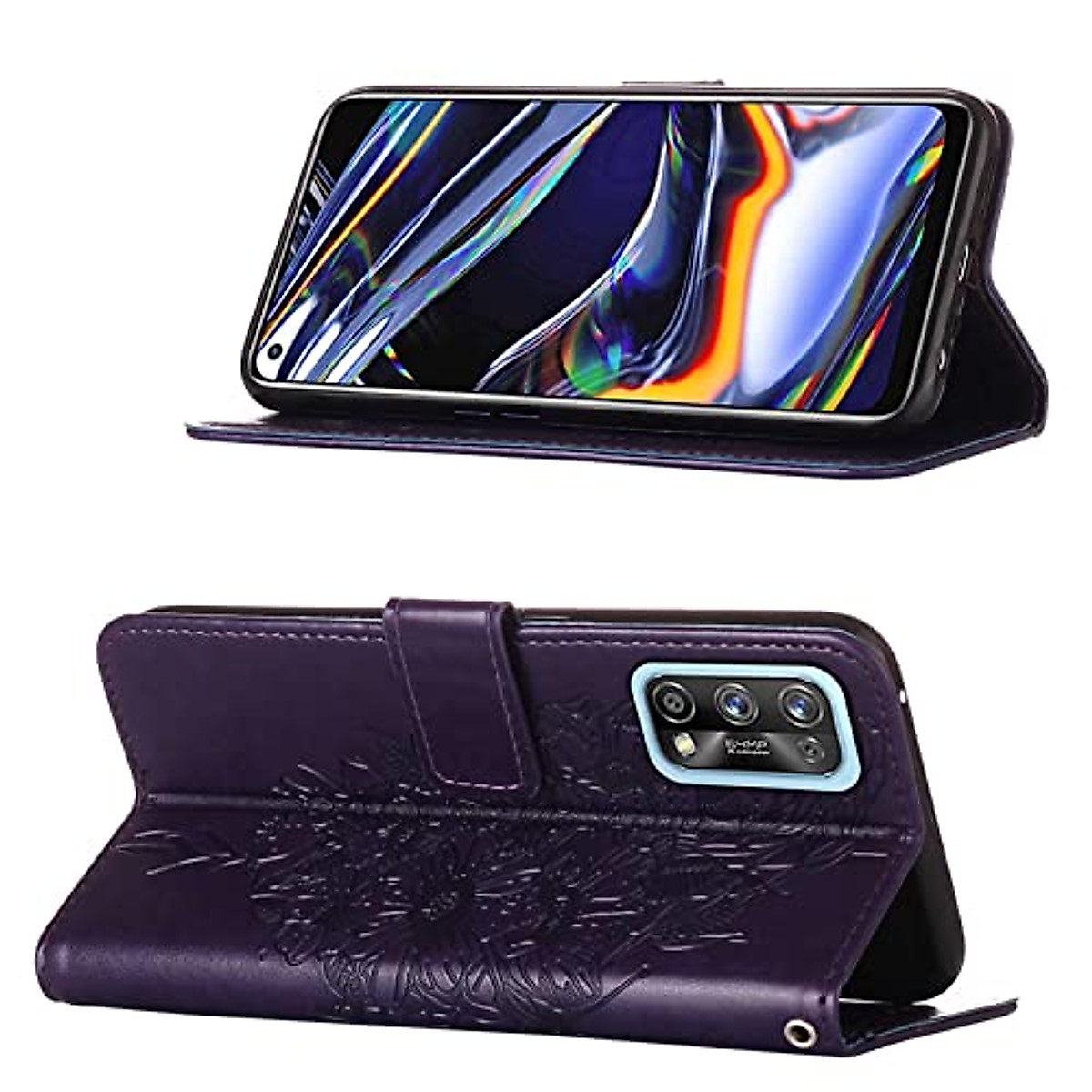 ONV Wallet Case for Oppo Realme 7 Pro - Butterfly Embossed Phone Case with Card Holder Lanyard Stand Case Leather Magnetic Closure Flip Cover for Oppo Realme 7 Pro [by] -Purple I