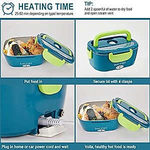 bacxigo Electric Lunch Box Food Heater 2-In-1 Portable Food Warmer for Car & Home,Leak Proof,2 Compartments Removable 304 Stainless Steel Container,SS fork & spoon and Carry Bag (green)