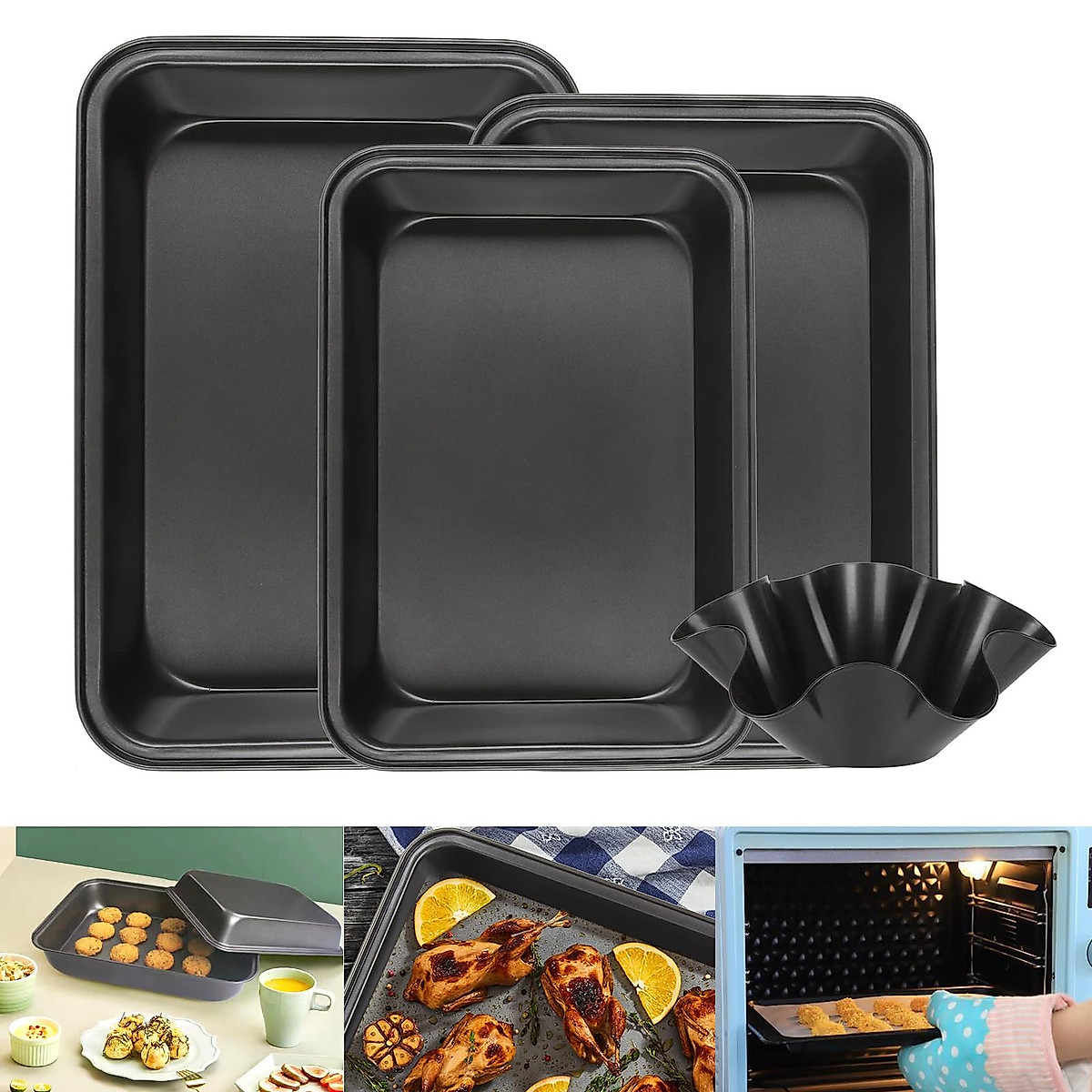 Acrux7 4 PCS Baking Pans Set, Nonstick Baking Pans & Bowl Set, Deep Metal Baking Sheet Pans, Rectangular Stackable Baking Trays, Cake Pans Sets for Oven (Black, 12x8, 12.6x8.5, 13.4x9.5 inch)