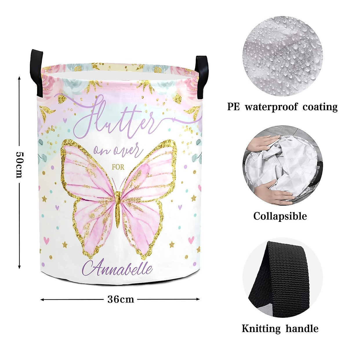 NZOOHY Butterfly Floral Pattern Personalized Waterproof Foldable Laundry Basket Bag with Handle, Custom Collapsible Clothes Hamper Storage Bin for Toys Laundry Dorm Travel Bathroom