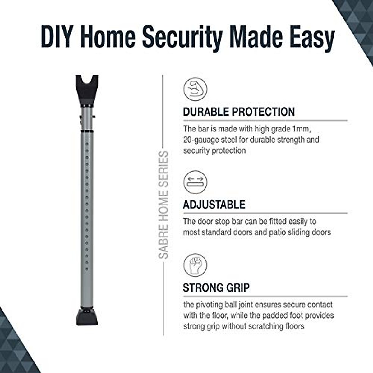 SABRE Adjustable 2-in-1 Door Security Bar, Door Stop Bar Secures Onto Door Knob, Strong Scratch-Proof Grip, Steady Against Floor, Removable Door Knob Top For Sliding Door Use, Portable & Easy to Use