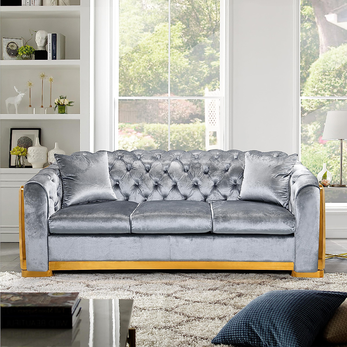 BSYEIO 81'' Modern Velvet Sofa Couch Living Room Chesterfield Sofa Couch 3 Seater Luxury Upholstered Sofa Couch with Gold Stainless for Apartment Dorm Office-Grey