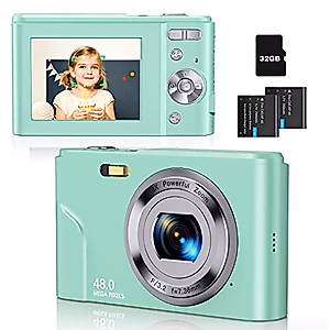 Digital Camera Auto Focus Point and Shoot Camera, FHD 1080P 48MP Kids Camera with 32GB Memory Card,16X Zoom Vlogging Camera Small Digital Cameras for Kids Teenagers Students Green