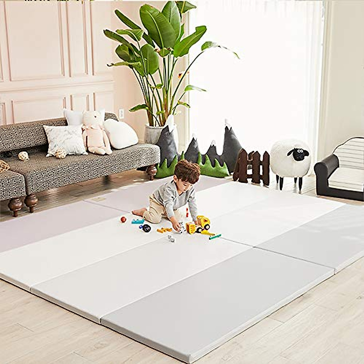 ALZIP MAT Eco Silion Urban, Folding Baby Play Mat Eco-Friendly Non-Toxic Non-Slip Reversible Waterproof (SG (95x55 inch), Grey Pink)