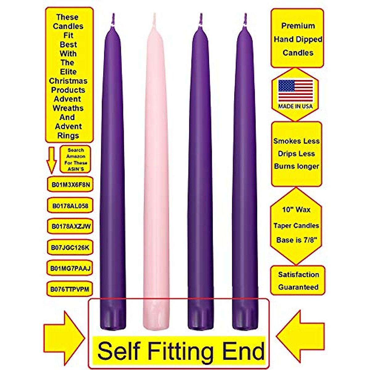 Elite Christmas Products Advent Candle Set. Made in The USA Self Fitting End. Premium Hand Dipped Candles, Dripless, 4 Pack - 3 Purple, 1 Pink