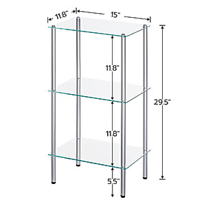 HOOBRO Glass Shelf, 3 Tier Standing Shelf Unit, Durable Glass Shelving Stand for Small Space, Space-Saving, for Bathroom, Bedroom, Home Office, Tempered Glass, Steel Frame, Silver SV03CJ01