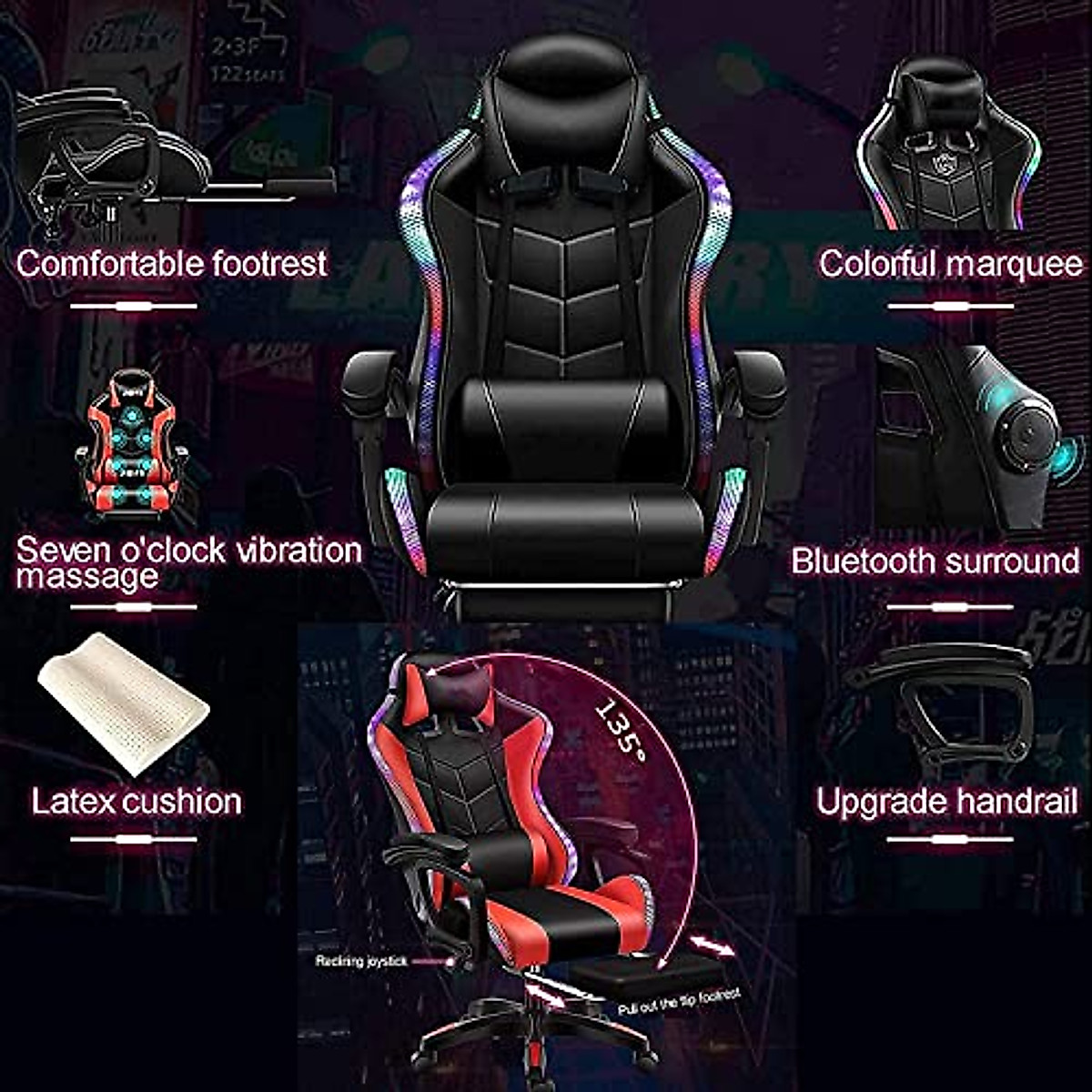 BOYIDAI Gaming Chair with Footrest, Ergonomic Gaming Chair with Speakers and LED Light High Back Massage Video Game Chairs Pu Leather Comfortable Computer Office Chair (Color : Red+Black)