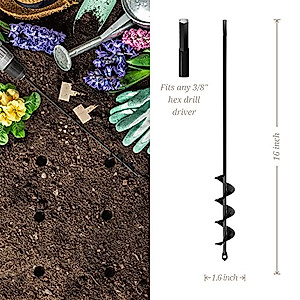K-Brands Auger Drill Bit for Planting – 1.6 x 16 Inch & 3.5 x 16 Inch Set - Garden Spiral Hole Drill and Bulb Planter Tool - Bedding Plants, Umbrella Holes - 3/8 Inch Hex Drive Drill