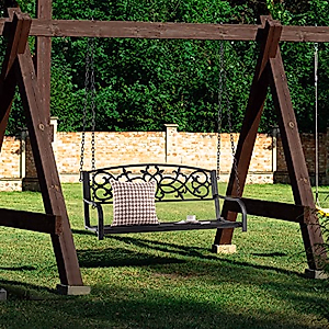 Tangkula 2 Person Porch Swing, Hanging Patio Swing Bench with Chains, Backrest & Armrests, Classic Outdoor Metal Swing Chair with Floral Pattern for Garden, Deck, Backyard (Black)