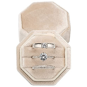 Equal Octagon Velvet Ring Box Storage 3 Slots for Wedding Ceremony Proposal Engagement Birthday Gift (Beige)