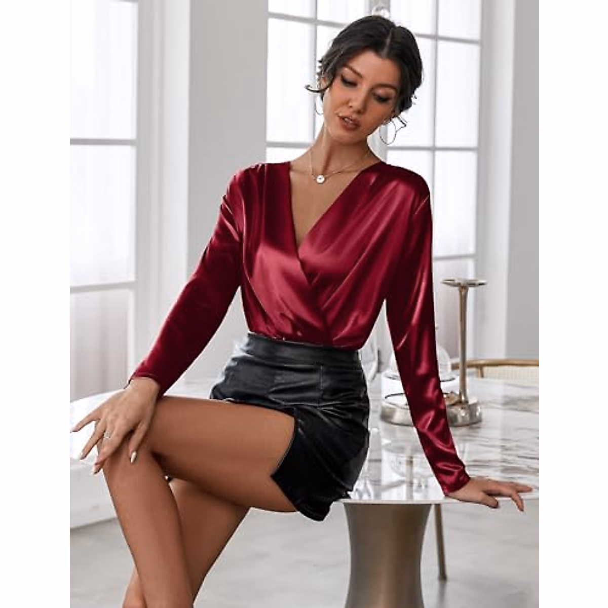 Chigant Body Suits Women Clothing Satin Long Sleeve Bodysuit for Women Leotard Blouse